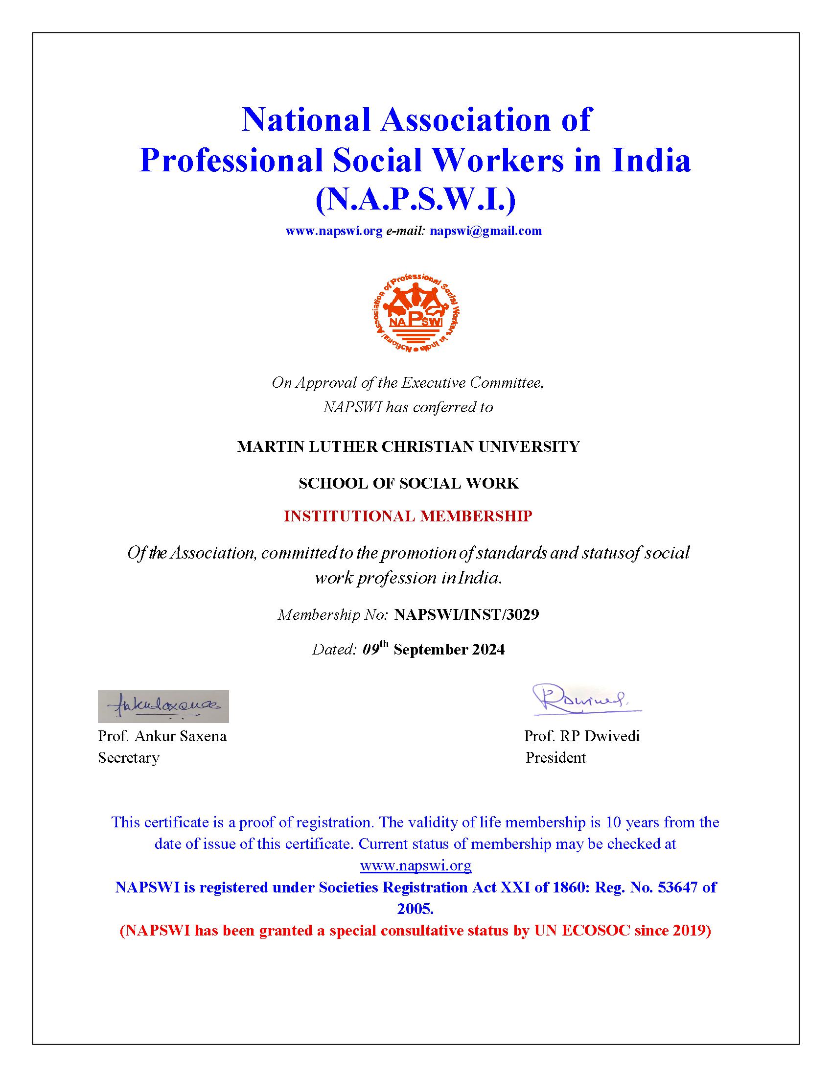 NAPSWI membership certificate - Martin Luther Christian University