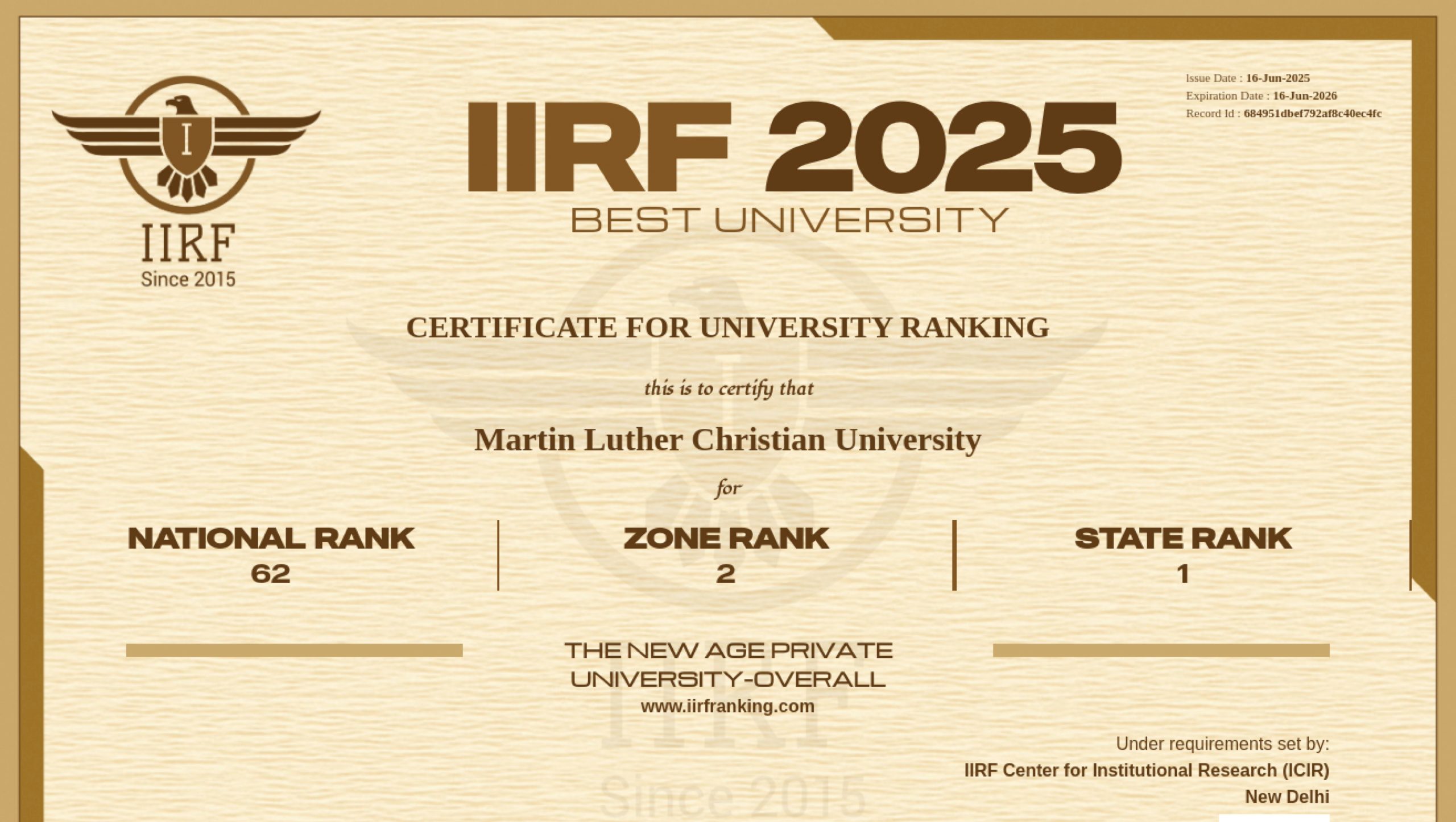 MLCU Ranked 1st in Meghalaya, 2nd in Northeast & 62nd in India Among ...